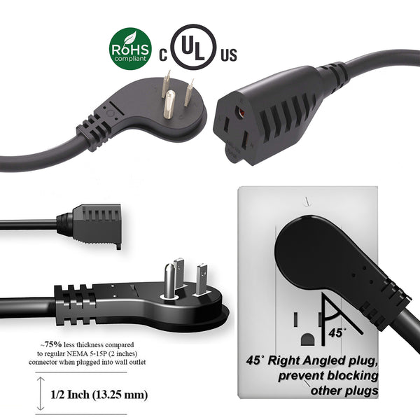 16AWG Low Profile Angled Power Cord Extension NEMA 5-15P to NEMA 5-15R ...