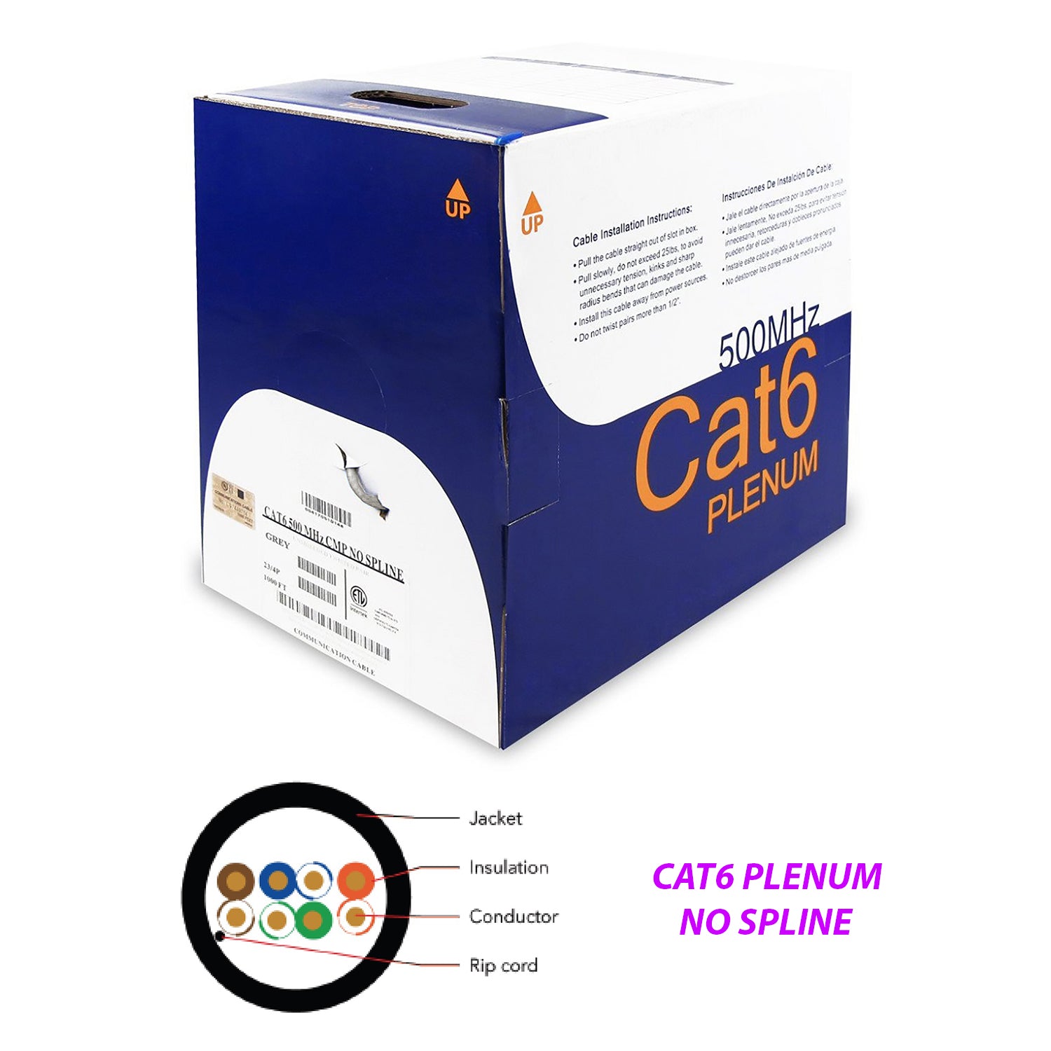 1000Ft Cat6 UTP Solid Plenum (CMP) Cable No Spline | Plenum Bulk Cable ...