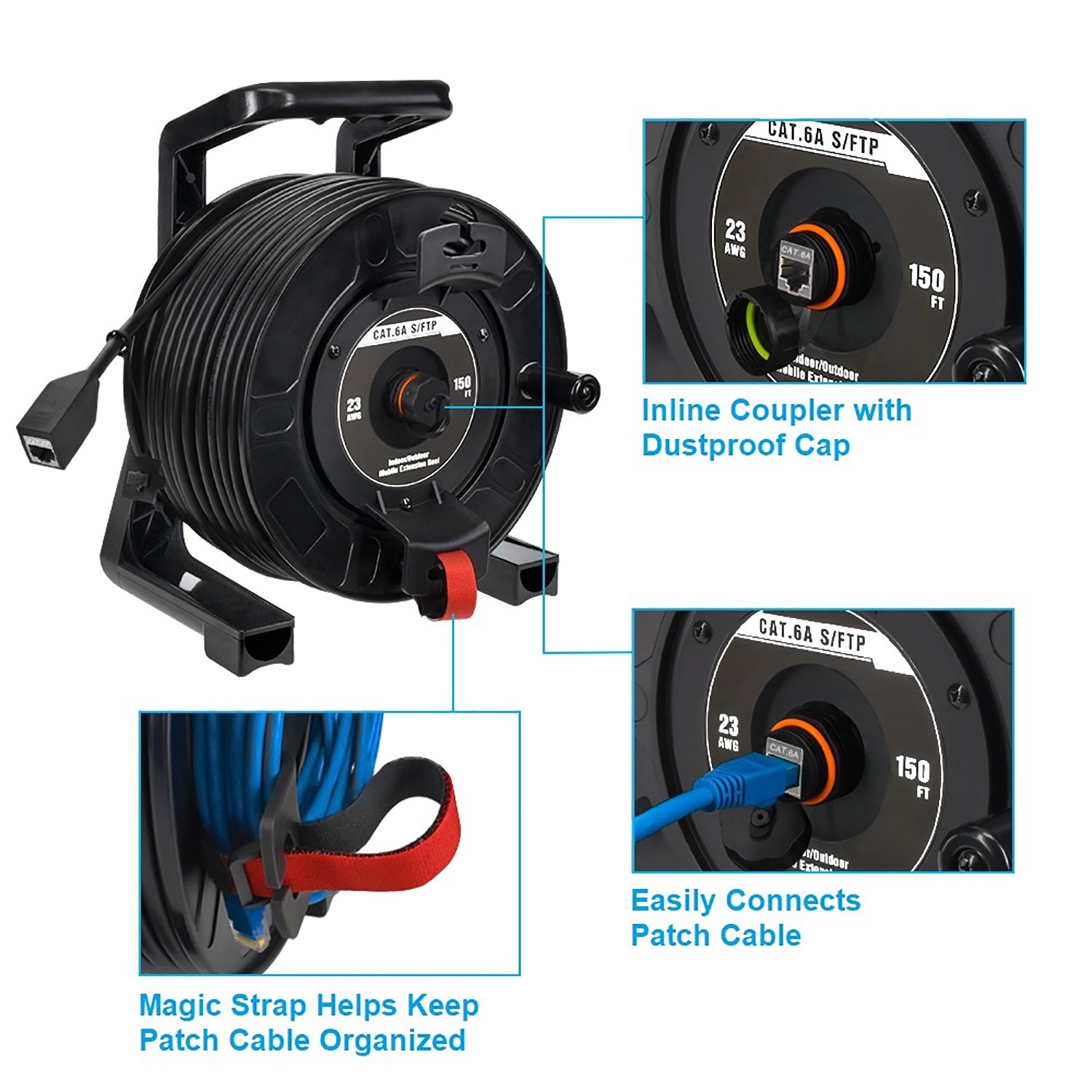 150FT CAT6A S/FTP Indoor/Outdoor Retractable Mobile Extension Reel ...