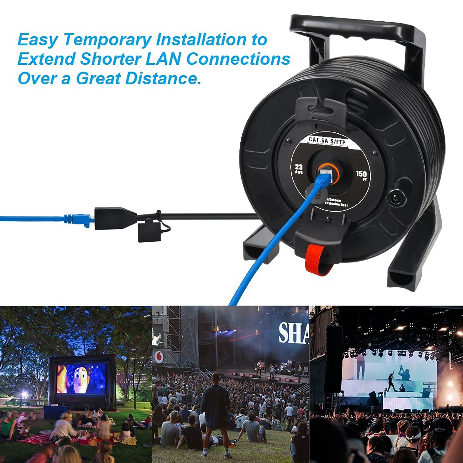 150FT CAT6A S/FTP Indoor/Outdoor Retractable Mobile Extension Reel ...